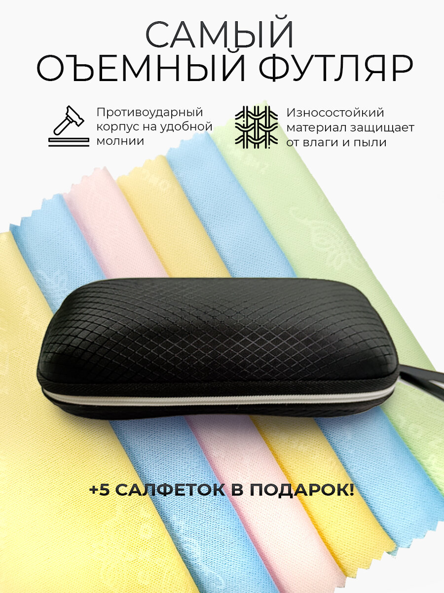 Футляр для очков на молнии, влагостойкий, текстиль, 5 салфеток для линз в подарок