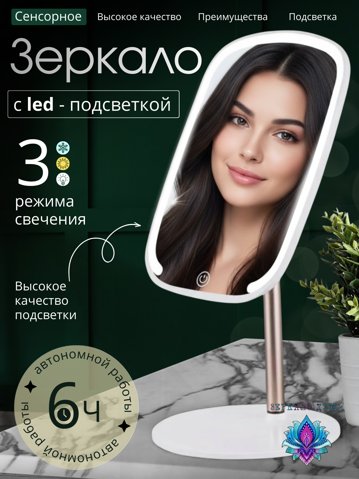 Зеркало настольное с led подсветкой для макияжа косметическое складное для туалетного столика гримерное