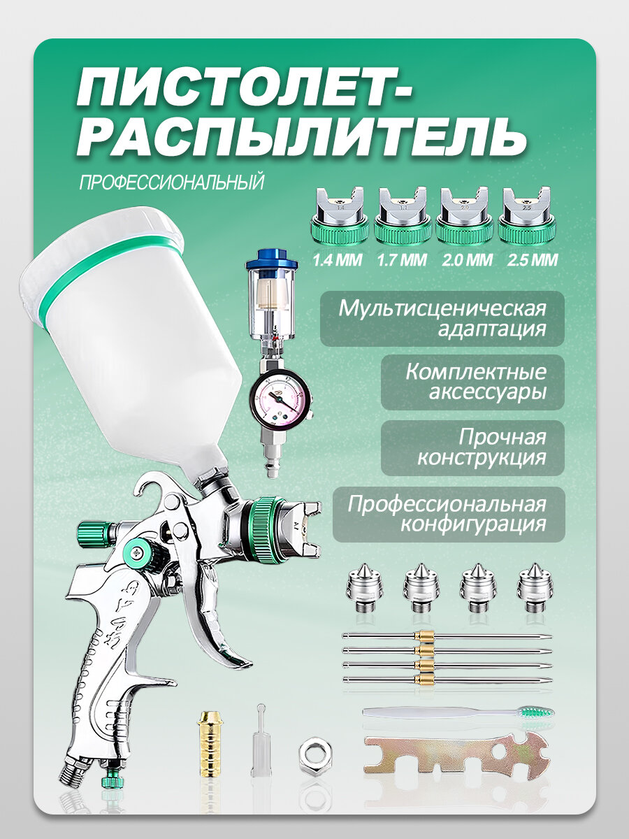 HVLP Пневматический краскопульт, 600 мл, 4 сменные дюзы