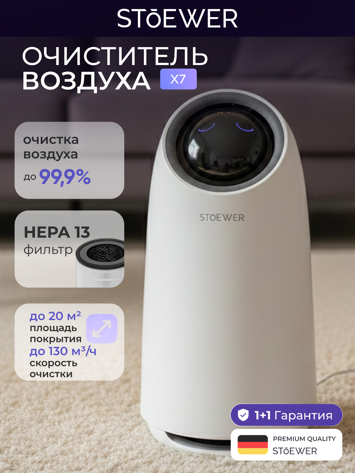 Умный очиститель воздуха Stoewer Air Wash X7 с датчиком качества воздуха