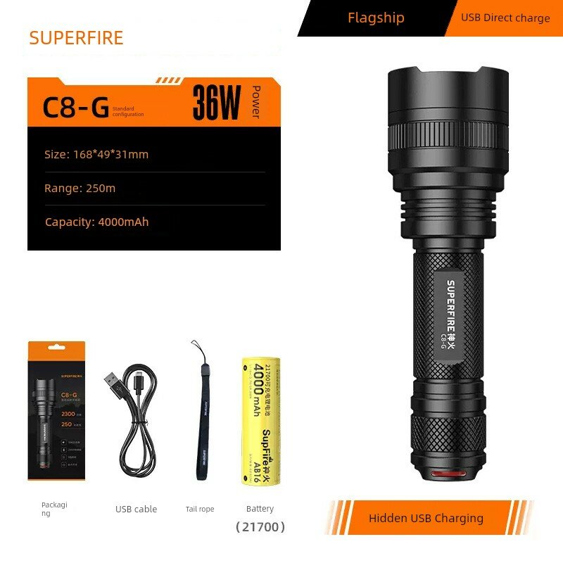SupFire C8-G Светодиодный фонарик 36 Вт, одиночный аккумулятор, прямая зарядка, перезаряжаемый, портативный для дома