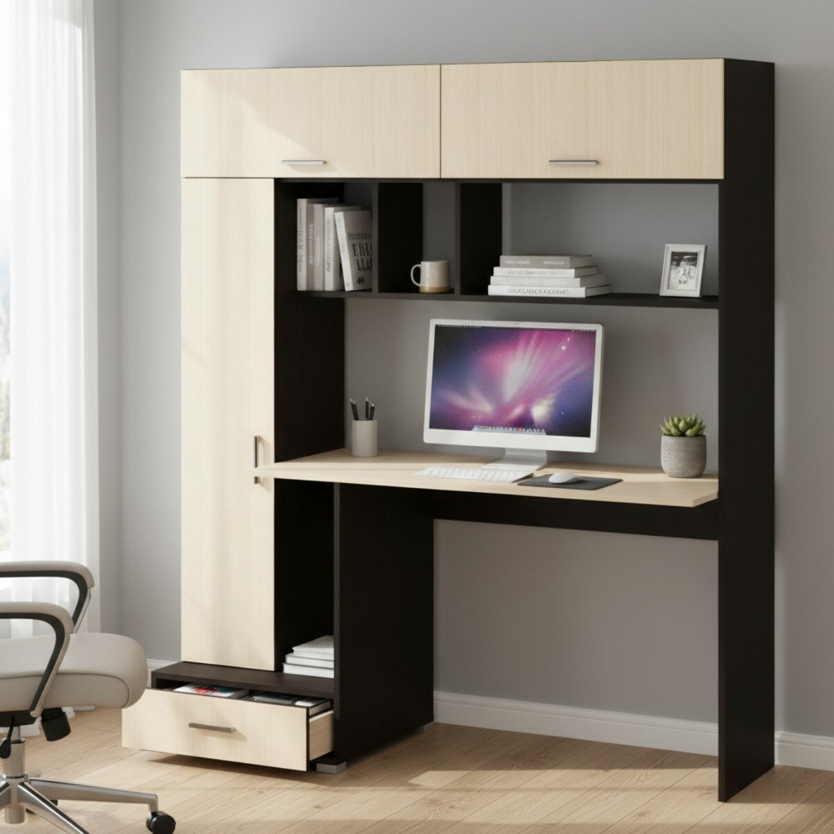 Компьютерный стол Памир ПКС-1, ЛДСП, Венге/Дуб белфорт, Ширина 1500 мм х Высота 1800 мм х Глубина 570 мм.