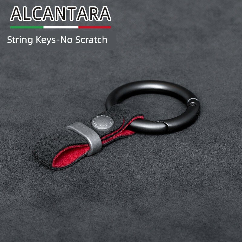 Кожаный ремешок для ключей ALCANTARA, красно-черный узор, с кольцом в комплекте - премиум-аксессуар для авто