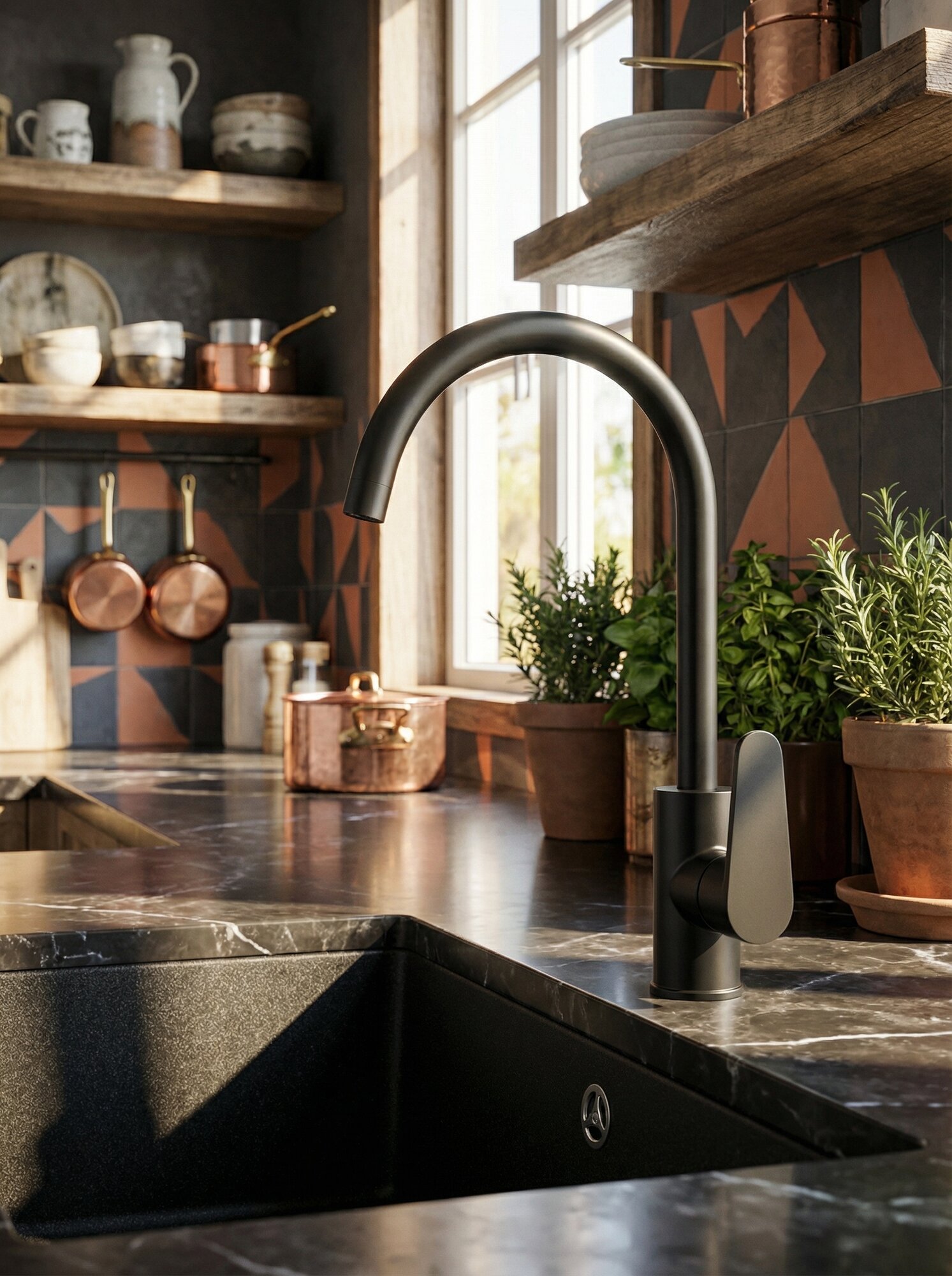 Смеситель для кухни с поворотным R-изливом черный / гарантия 5 лет / коллекция Waterfall