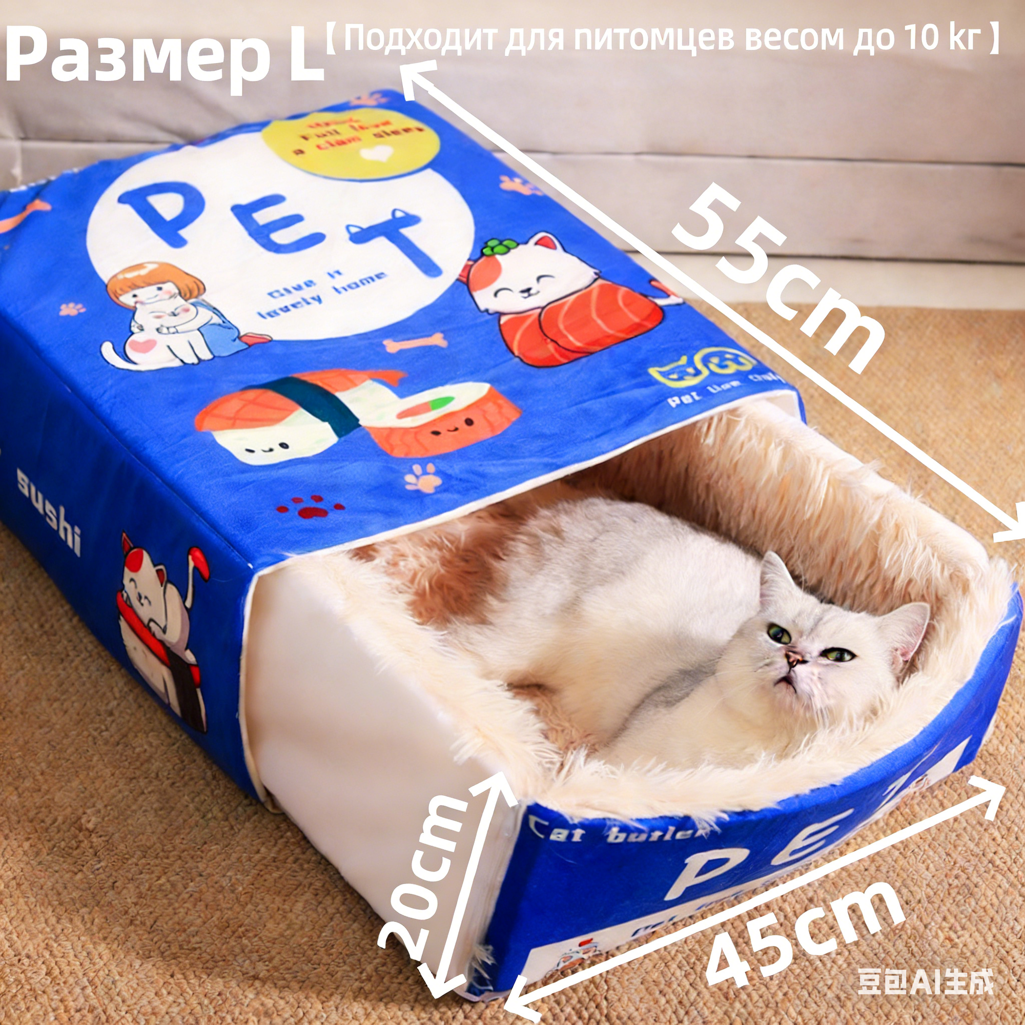 Домик-лежанка "Большая коробка Суши" ProPets, для кошек, искусственный мех, синий