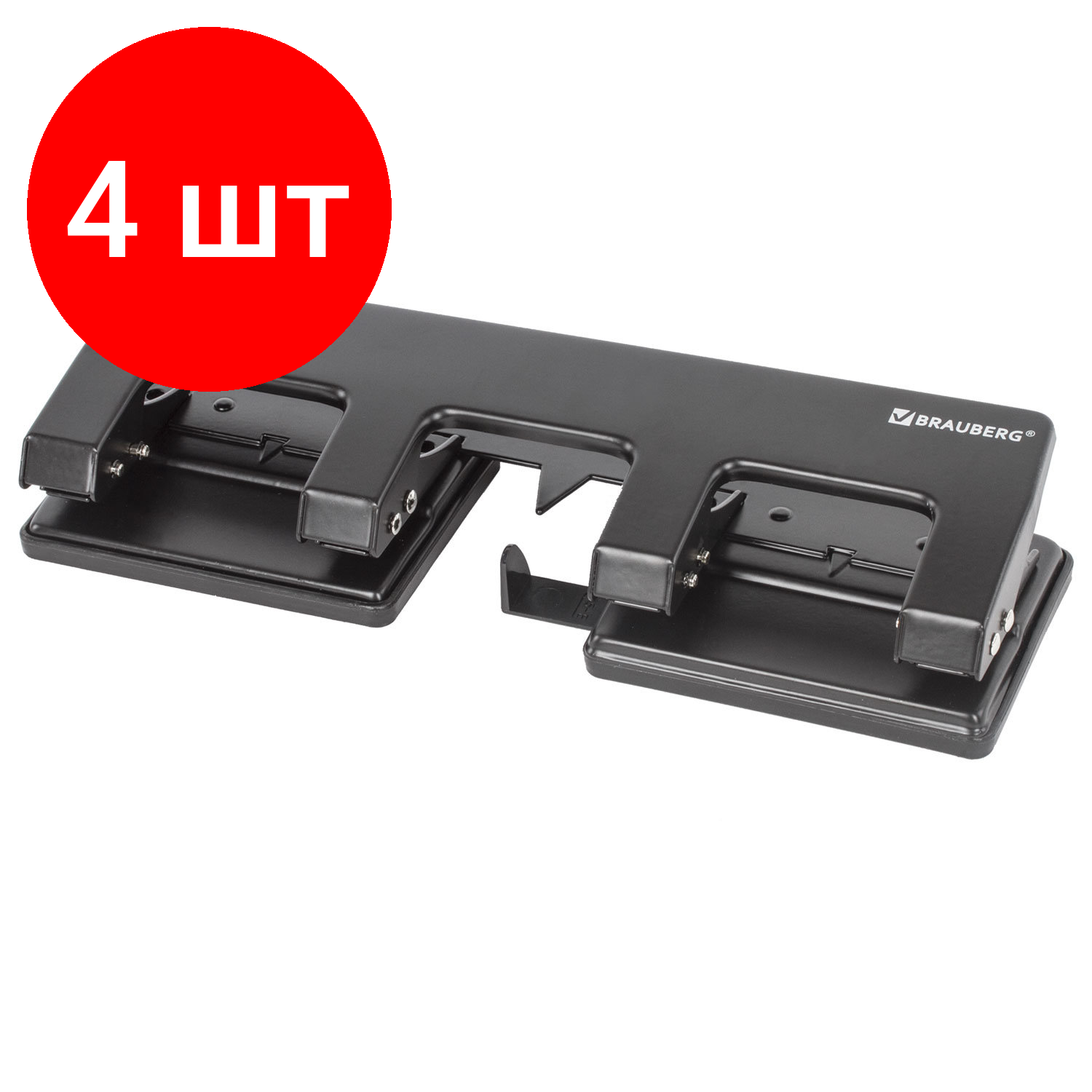 Комплект 4 шт, Дырокол металлический на 2-4 отверстия BRAUBERG "HL-4", до 15 л, черный, 221160