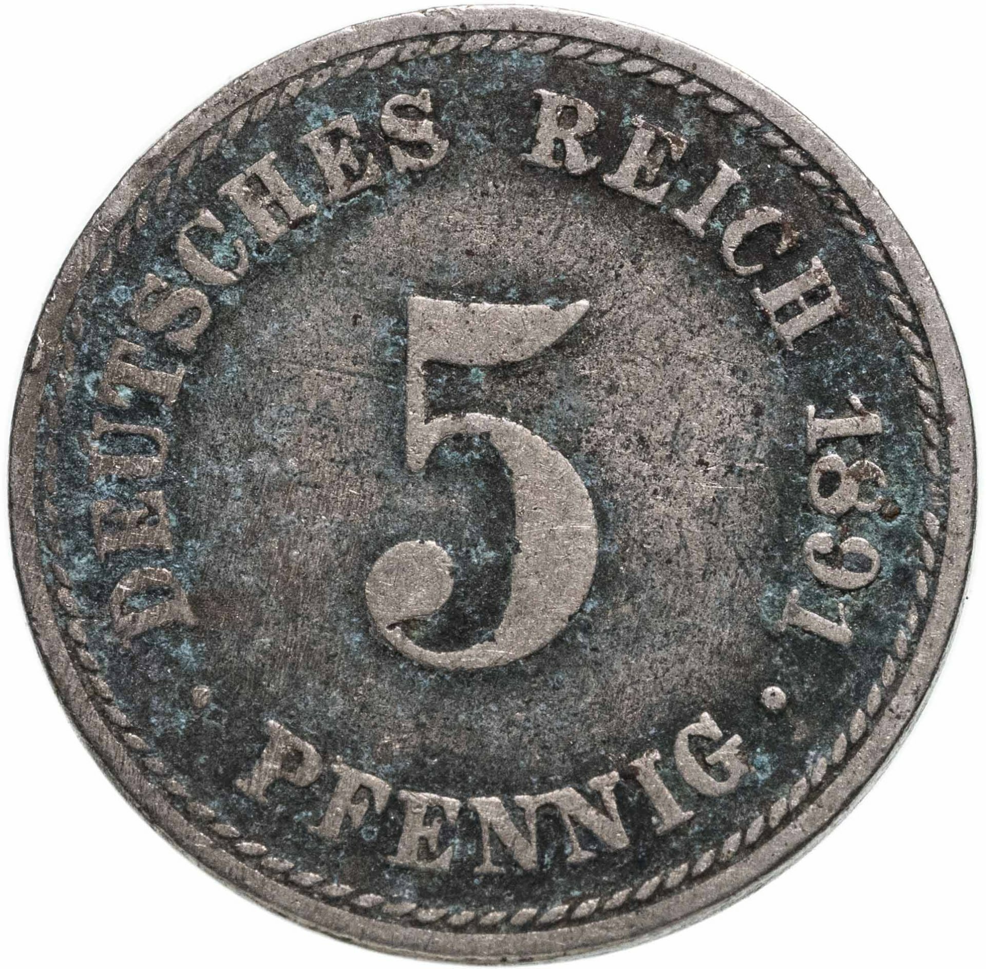 Германия 5 пфеннигов pfennig 1891 знак монетного двора: "A" - Берлин, Никель, в сохранности F