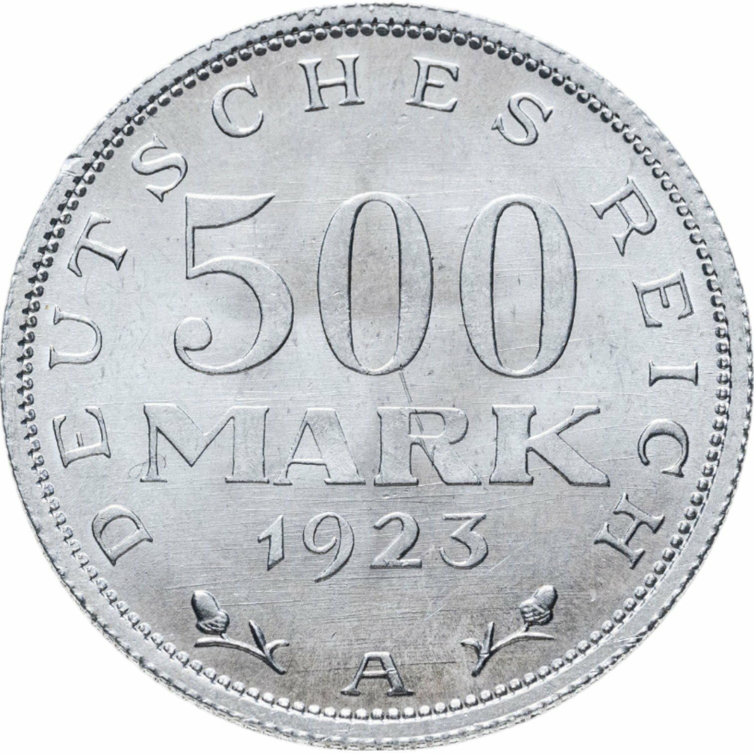 Германия 500 марок mark 1923, знак монетного двора "A" — Берлин, Алюминий, в сохранности UNC