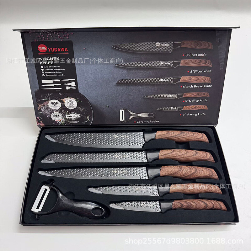 Горячая распродажа: набор из шести кухонных ножей с ручками из нержавеющей стали под дерево, подарочная упаковка, набор кухонных принадлежностей
