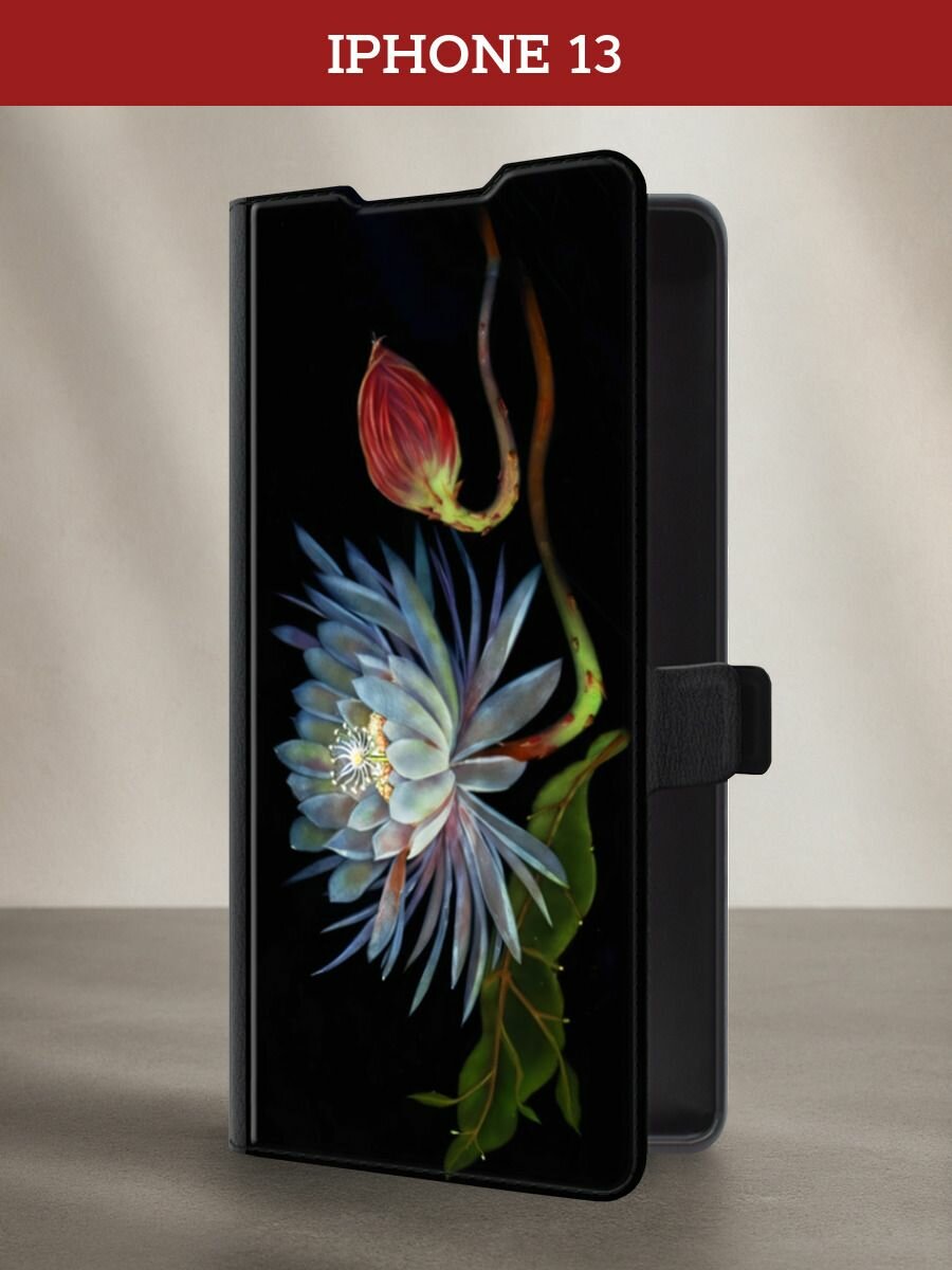 Чехол-книжка на Apple iPhone 13 / Айфон 13 с принтом Опасный цветок, черный