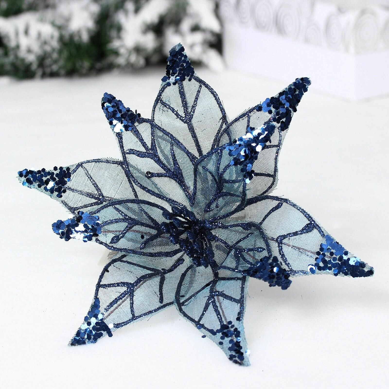 Украшение новогоднее Серпантин Пуансеттия-Искристый цветок, 20 см, сапфир