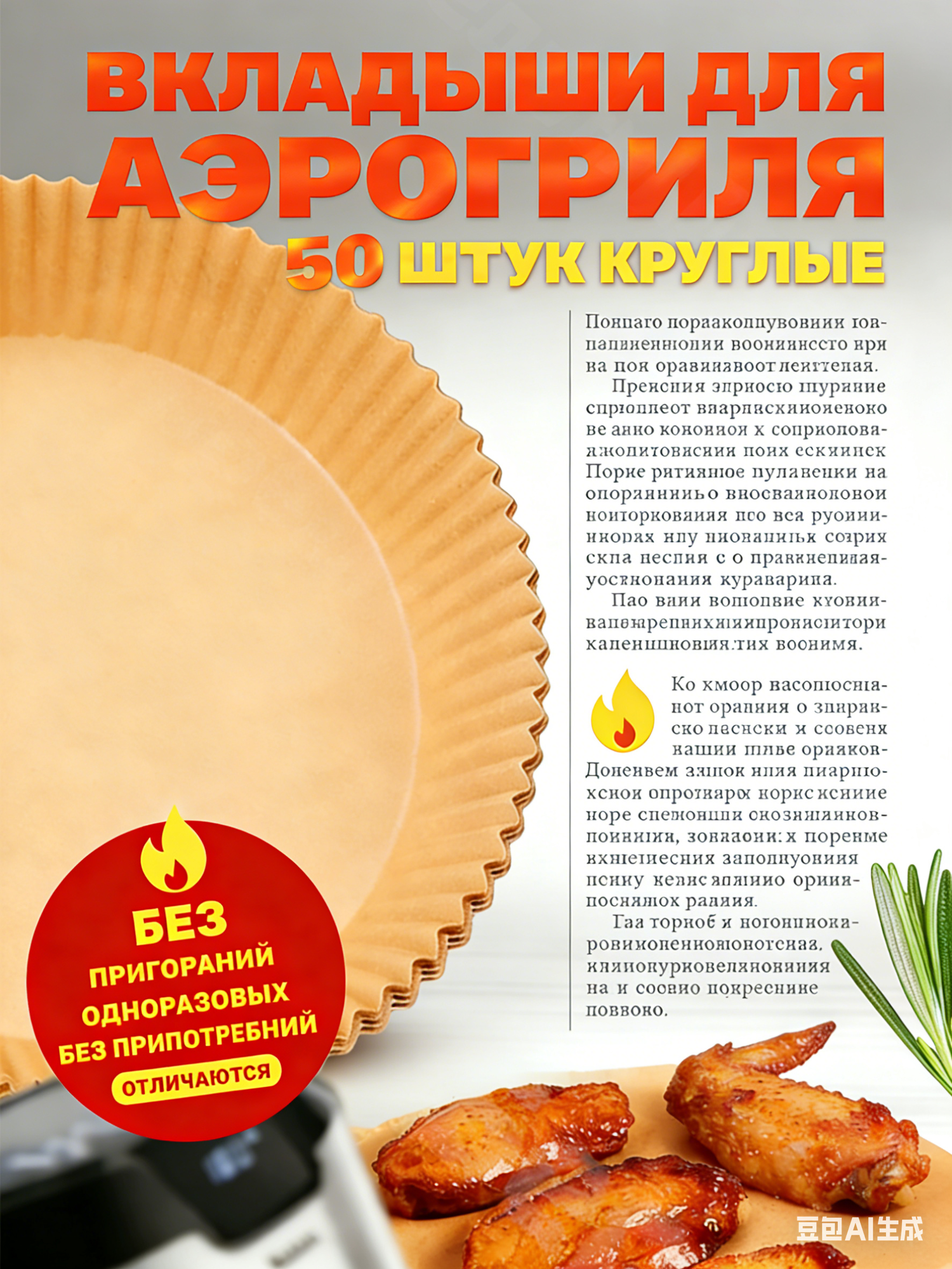 Формы для аэрогриля, бумага, антипригарное покрытие, круг 20 см/50 шт