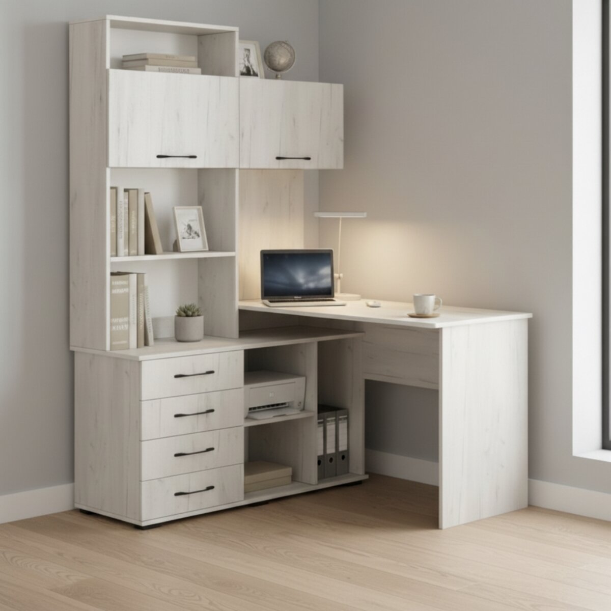 Стол компьютерный письменный угловой Памир ПКС-11 правый, с полкой надстройкой и выдвижными ящиками, дуб крафт белый