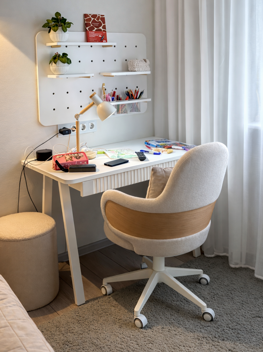 Кресло компьютерное на колёсиках Elan, офисный стул, для дома, бежевый цвет, белый, ткань букле, дизайнерское