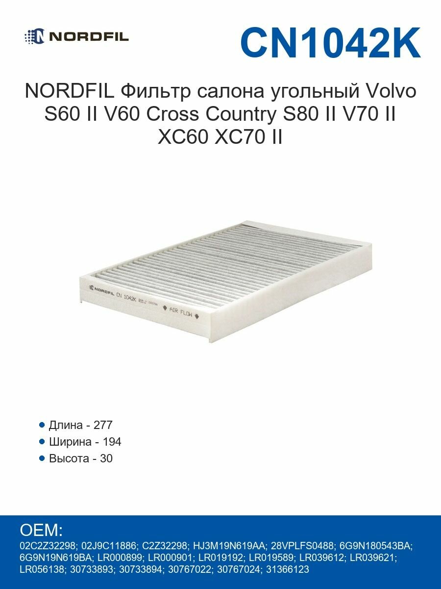 NORDFIL Фильтр салона угольный Volvo S60 II V60 Cross Country S80 II V70 II XC60 XC70 II