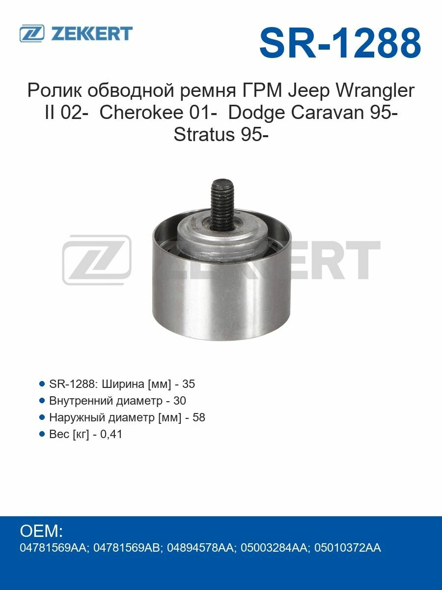 Zekkert Ролик обводной ремня ГРМ Jeep Wrangler II 02- Cherokee 01- Dodge Caravan 95- Stratus 95-.