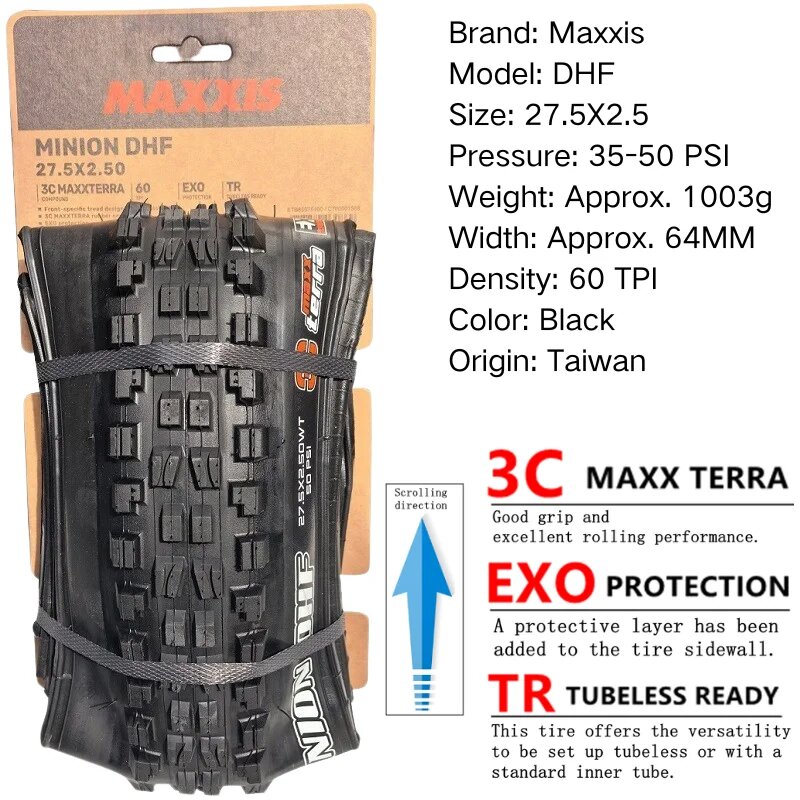 Maxxis Minion DHF 27.5x2.5, 3C MaxxTerra, EXO, Tubeless Ready