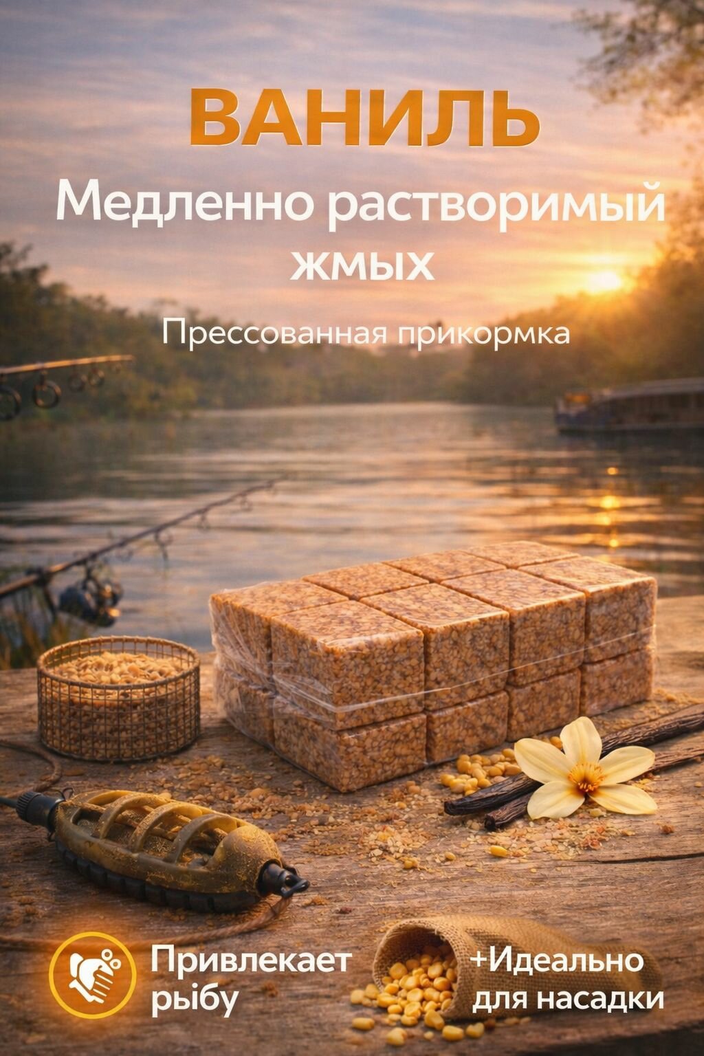 Подсолнечный жмых Ваниль, прикормка прессованная, 10 брикетов