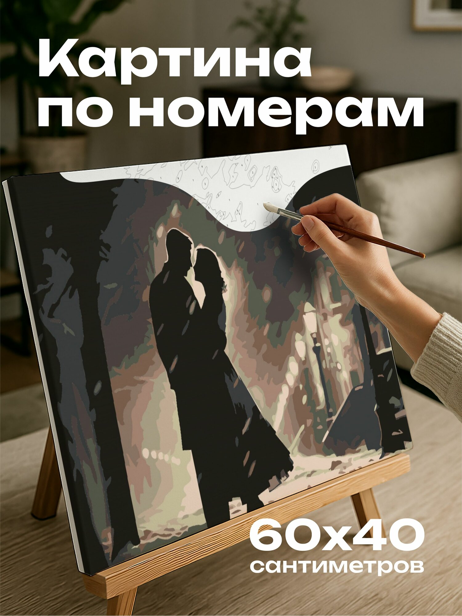 Картина по номерам 60x40 см, черно-белая фотография, зимний вальс, пара танцует, мягкий свет, уличные фонари