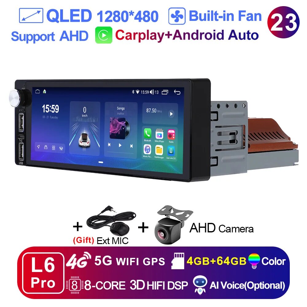 LEHX L6Pro 1 Din 6,9-дюймовый автомобильный Android-радио Мультимедиа Беспроводной L6Pro(4-64GB)CAM