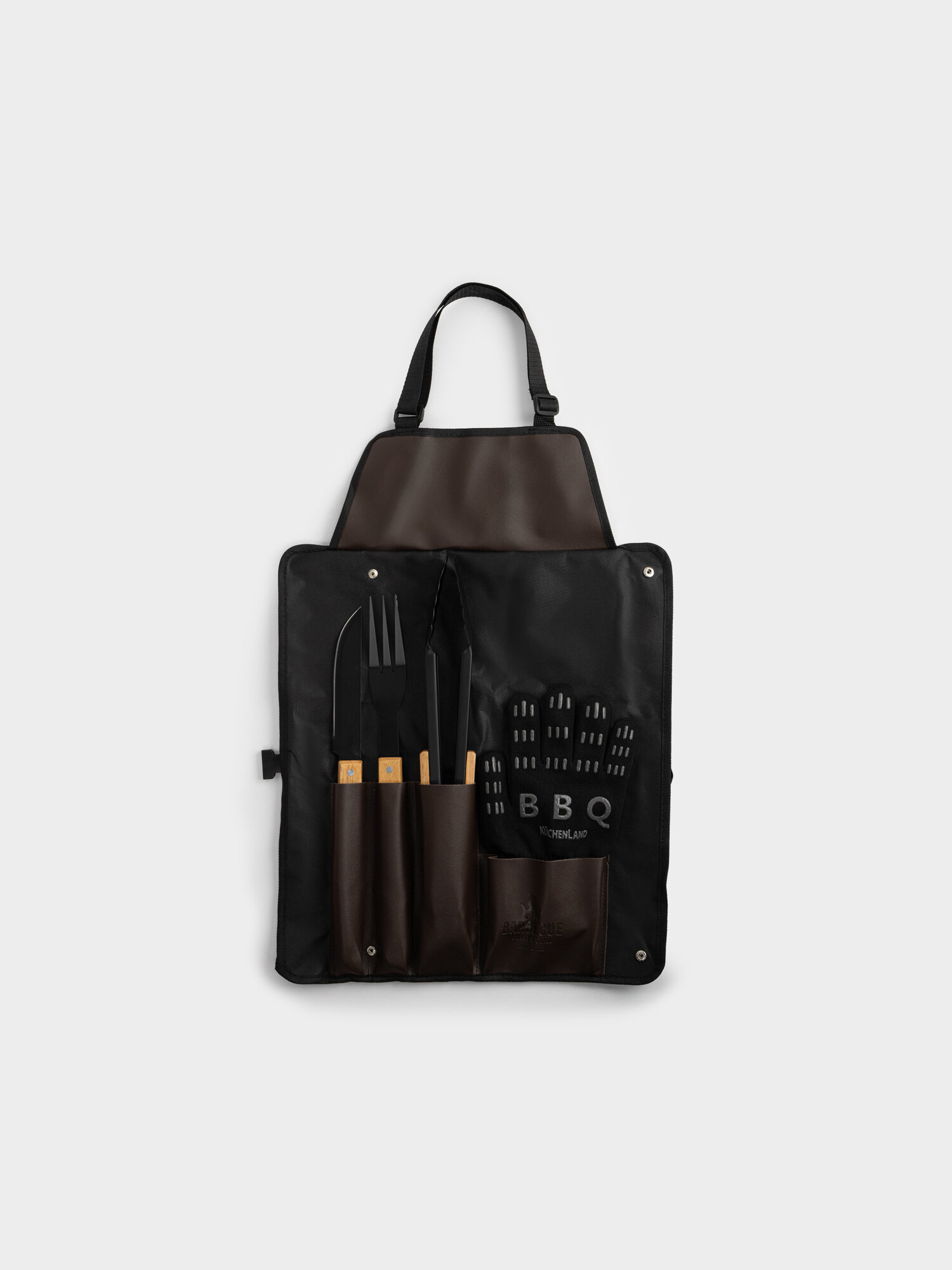Набор для барбекю, 4 пр, в фартуке, сталь/каучуковое дерево, черный/коричневый, BBQ, Kuchenland