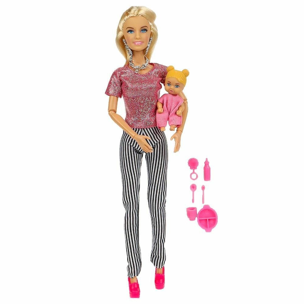 Кукла 29см София с дочкой, одета в блестящую кофточку и полосатые брюки.