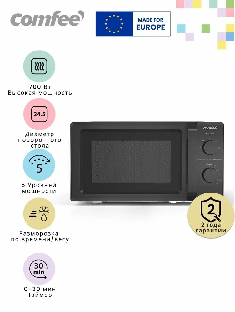 Микроволновая печь Comfee CMW719L2W-B, 700 Вт, 5 уровней мощности, поворотный стол, внутреннее освещение, быстрая разморозка, таймер, черный