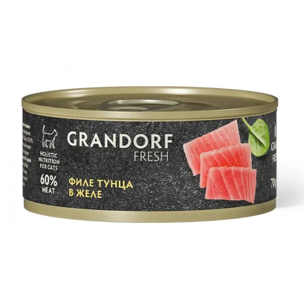 Влажный корм Grandorf Fresh для всех пород кошек, склонных к аллергии, филе тунца в желе 6шт х 70г