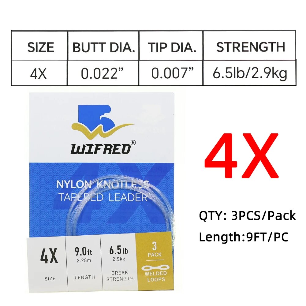 Wifreo коническая леска для нахлыста 9 футов 0X-7X Size 4X