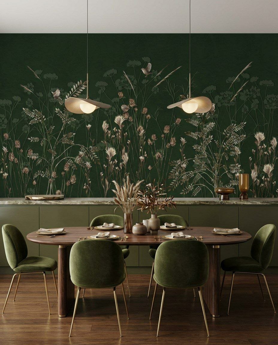 Обои бесшовные "Птички крапивники" темно-зеленый №8 (ширина 3100мм х длина 3500мм)