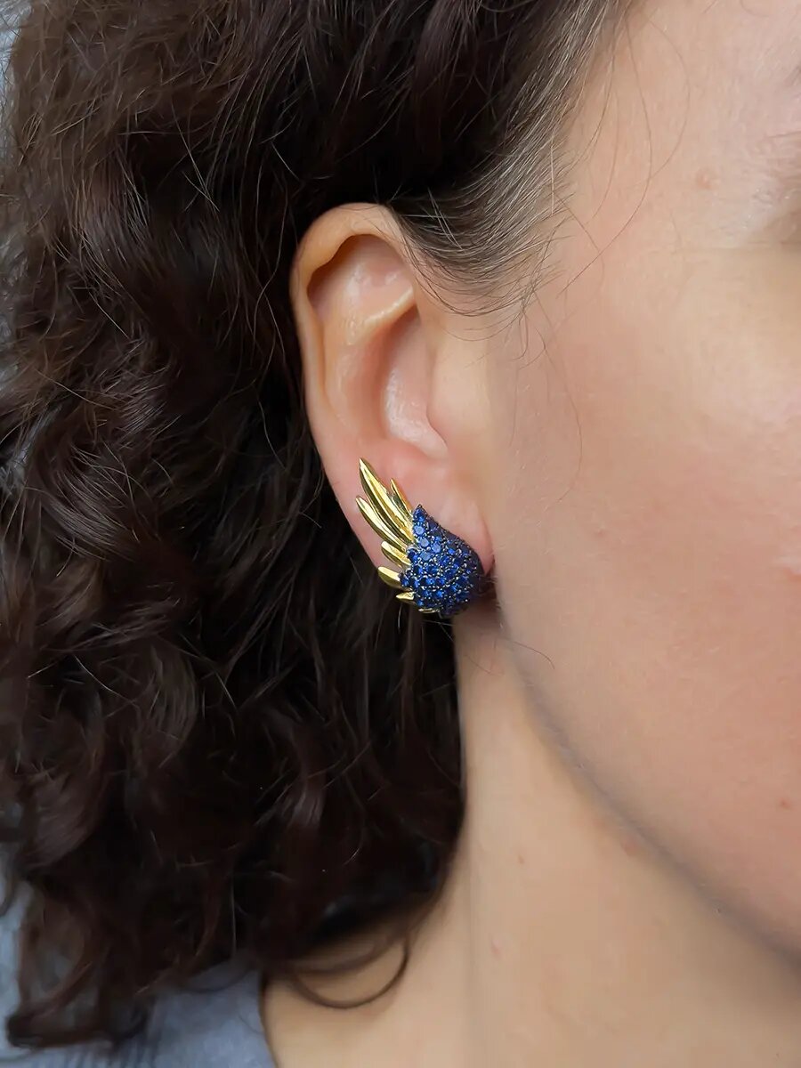 Серьги пусеты, серебро, 925 проба, чернение, золочение, сапфир синтетический