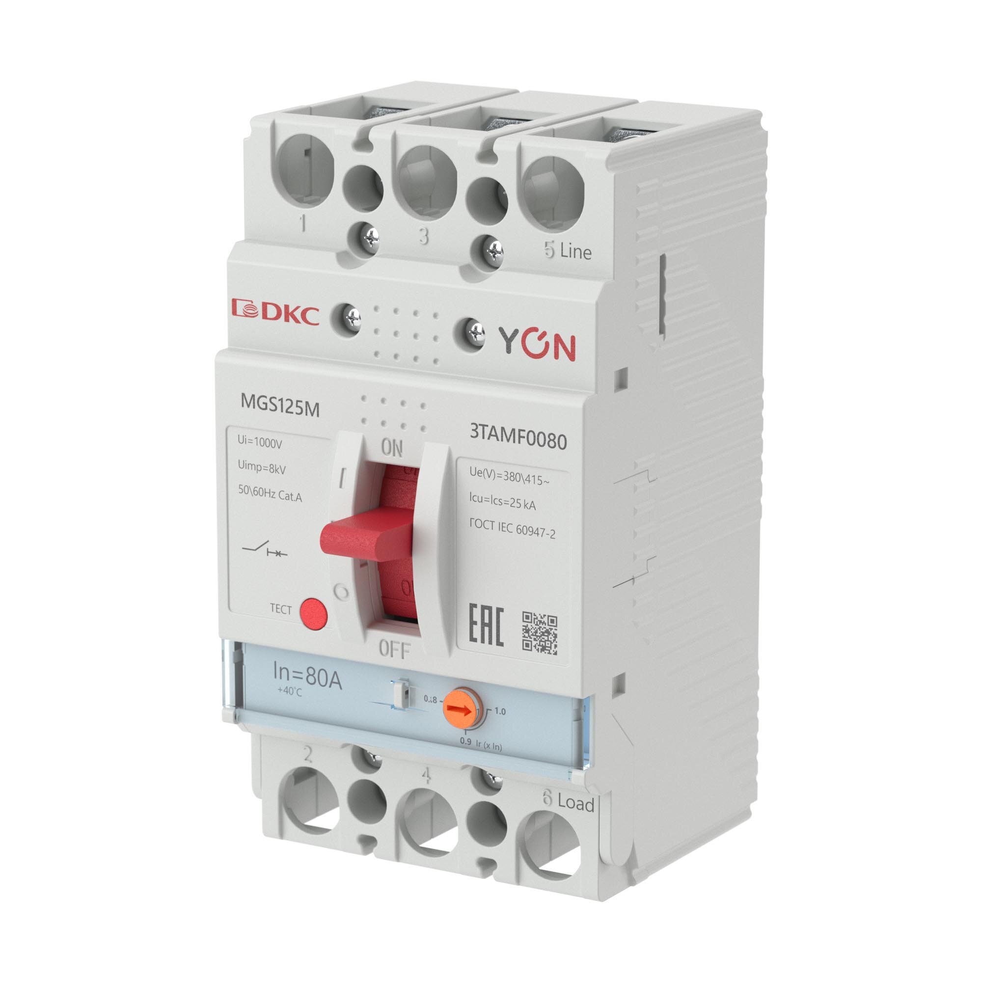 Выключатель автоматический YON max MGS125M 3P 64-80А 25кА с регулируемым термомагнитным расцепителем DKC MGS125M-3TAMF0080