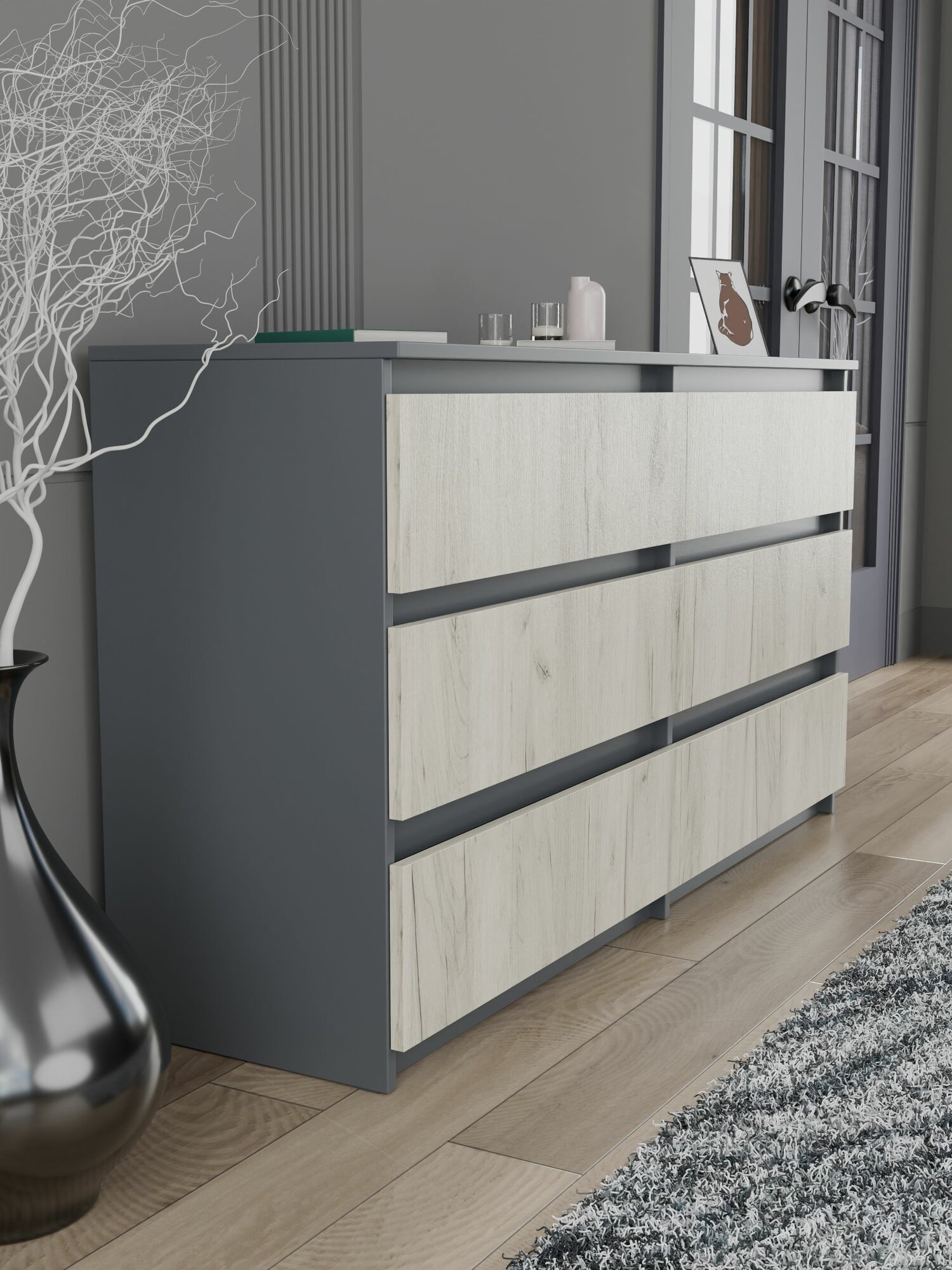 Комод для белья и одежды орлан 6 ящиков, 140х76.4х40 см, графит-дуб крафт белый