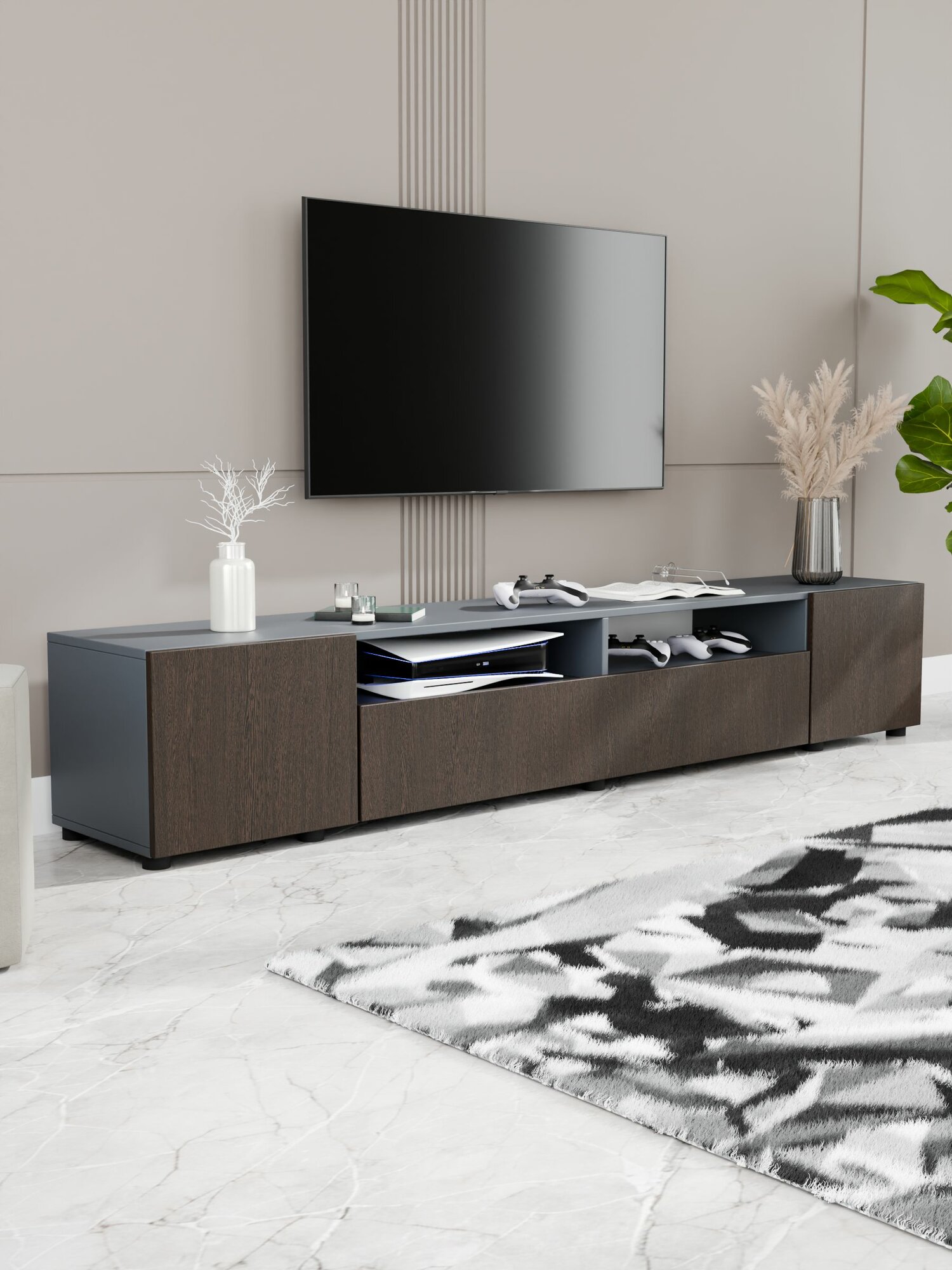 Тумба под телевизор горизонт 200х37.8х36.3 см, графит/ фасад венге