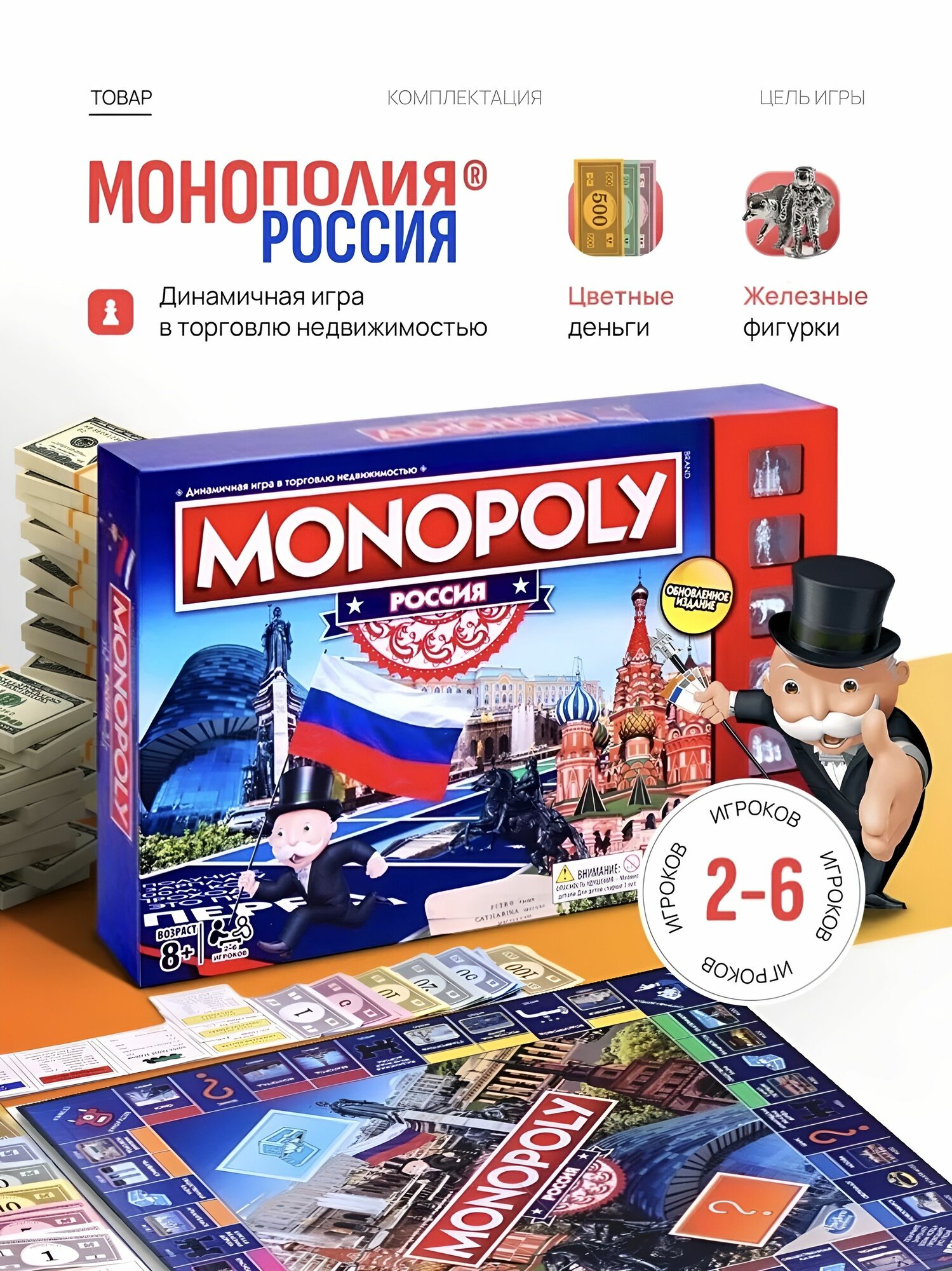 Монополия Россия Monopoly Russia. Патриотичный подарок на 23 февраля с фигурками медведя, пуанты, матрешки, балалайки, космонавта и Кремля