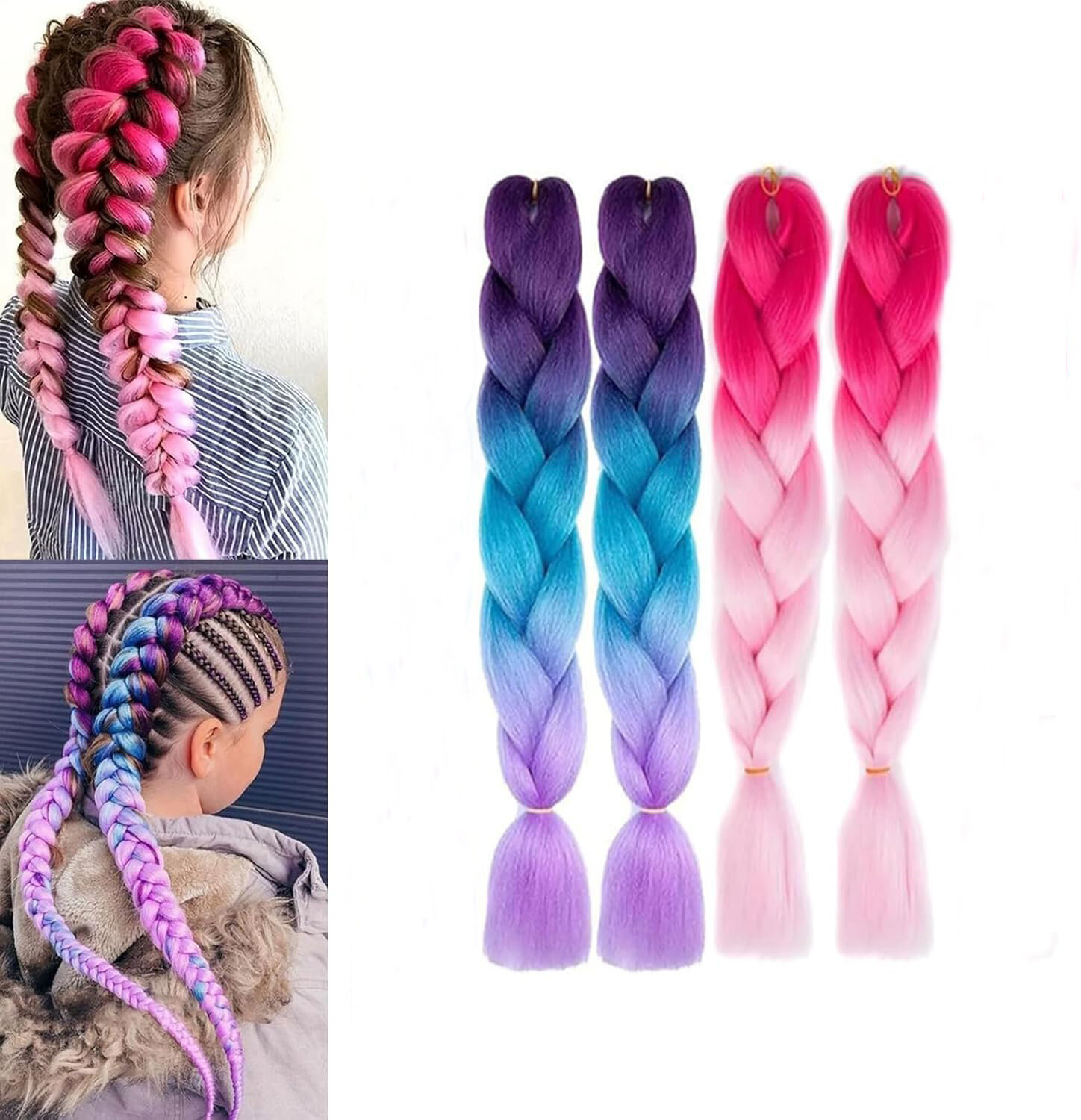 4 Pcs Jumbo Braiding Hair synthetic Ombre, 24 Inch Synthetic Crochet Braids, Braiding Hair Twist Braiding Pre-stretched Extensions, 2 light pink + lake blue, 440g/pack, 4Packs/lot, for Girls Kids Women Party Braiding Hair Style Hair