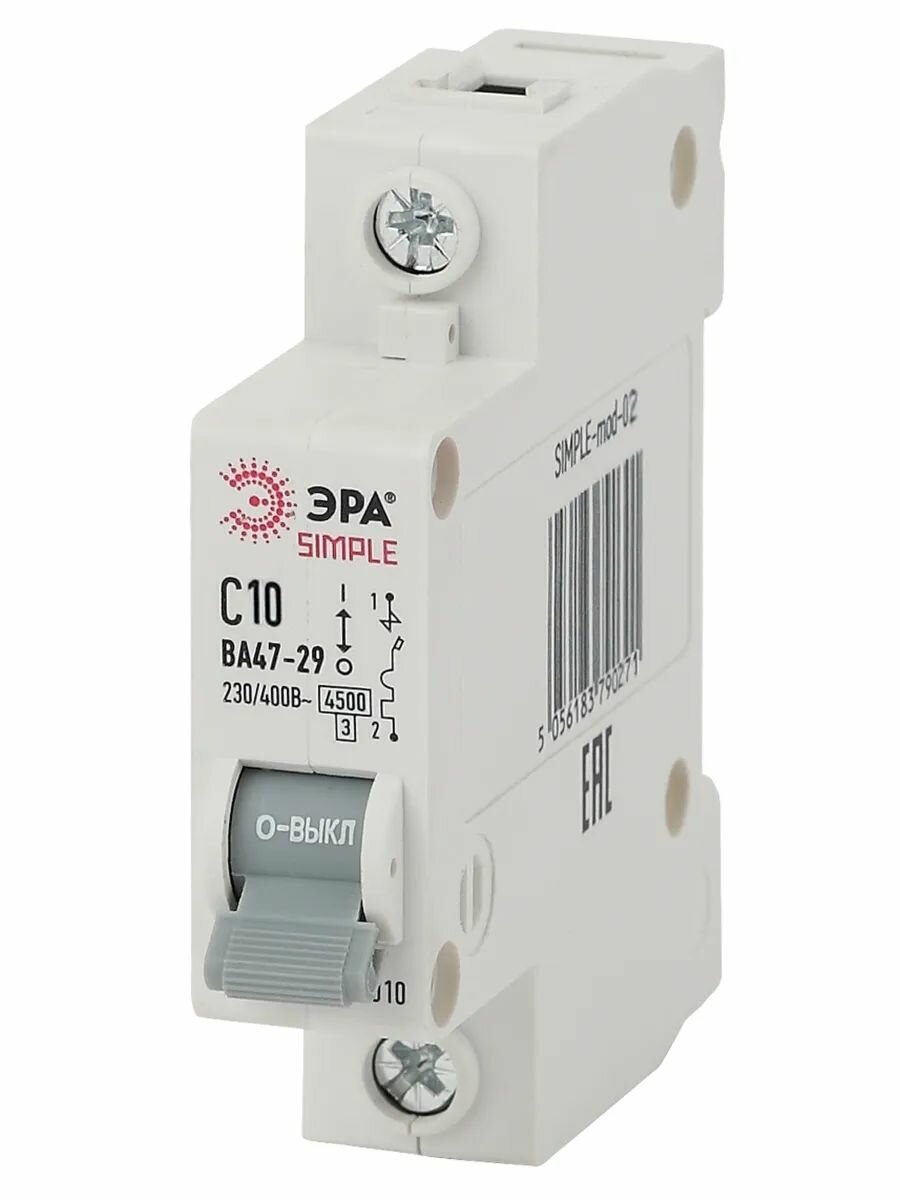Автоматический выключатель 10А модульный однофазный ЭРА SIMPLE ВА 47-29 1P однополюсный кривая C 4,5кА