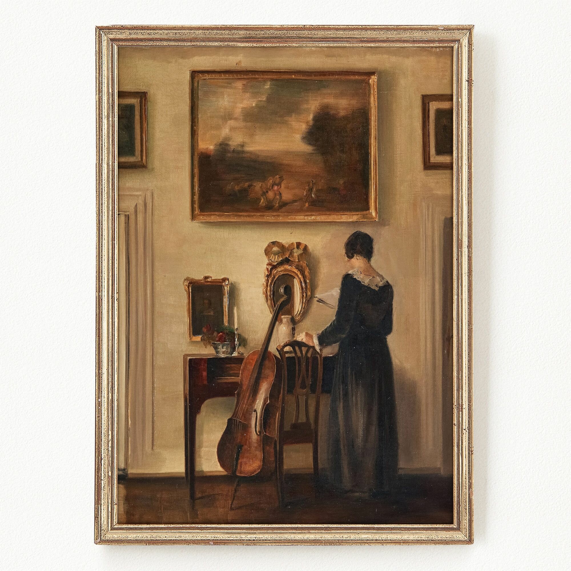 Постер "Интерьер с дамой и виолончелью - Карл Холсё", 21х30 см (без рамки)