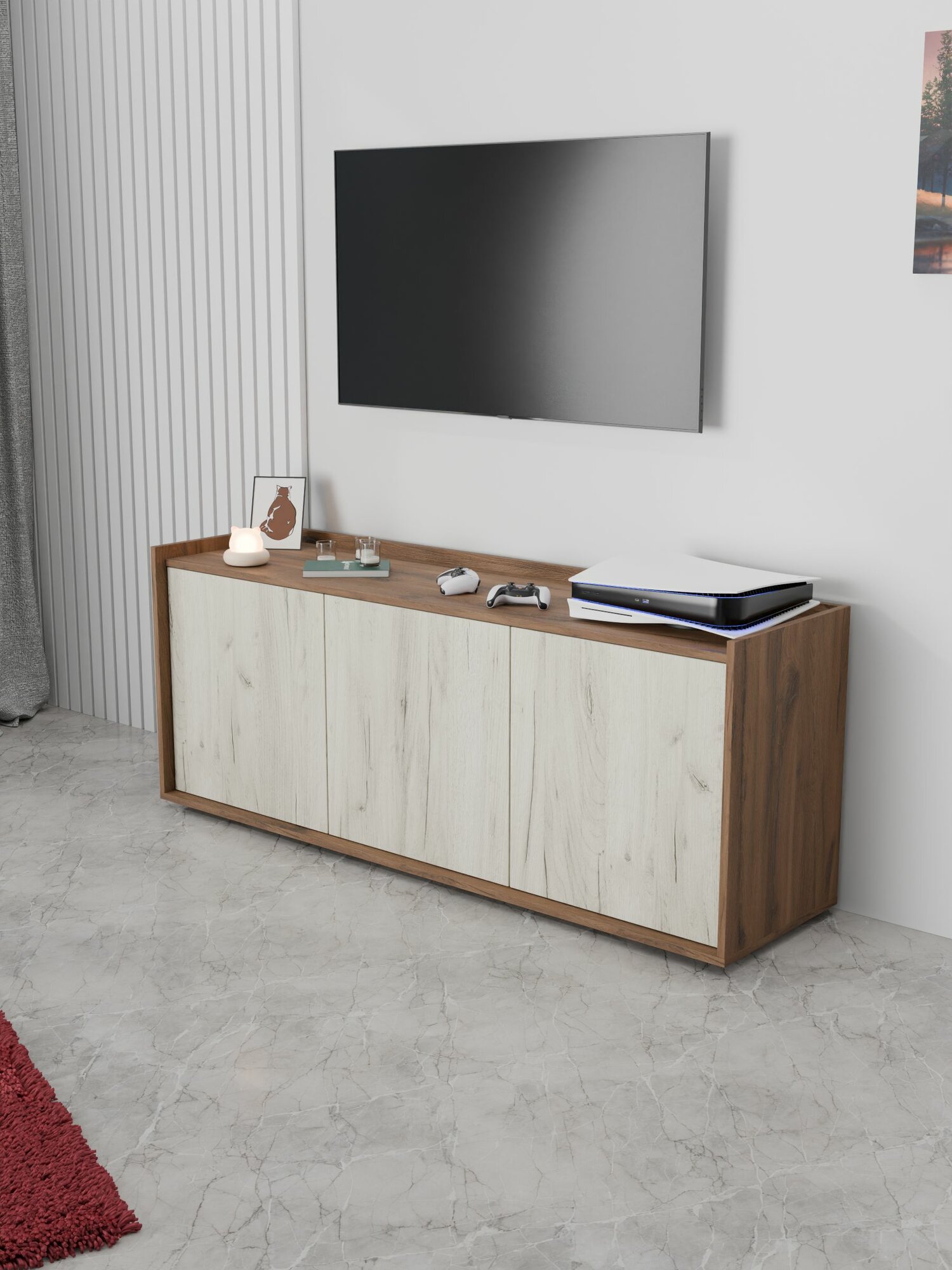 Изумлит Тумба под телевизор, тумба в прихожую Бэк 150х60х40 см, дуб крафт табачный - дуб крафт белый