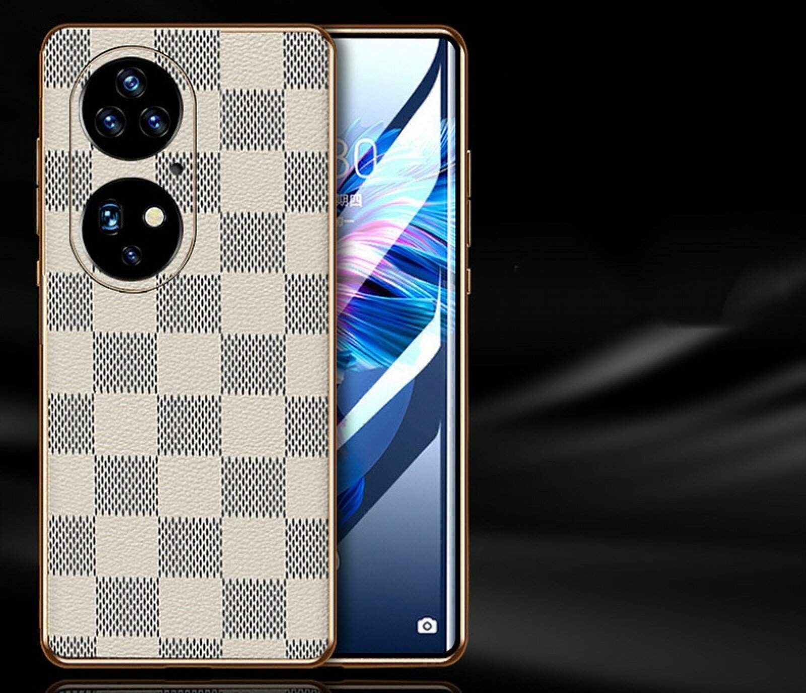 Чехол бампер MyPads Scozzese для Huawei P50 Pro с силиконовой основой и кожаной отделкой в клетку белого цвета