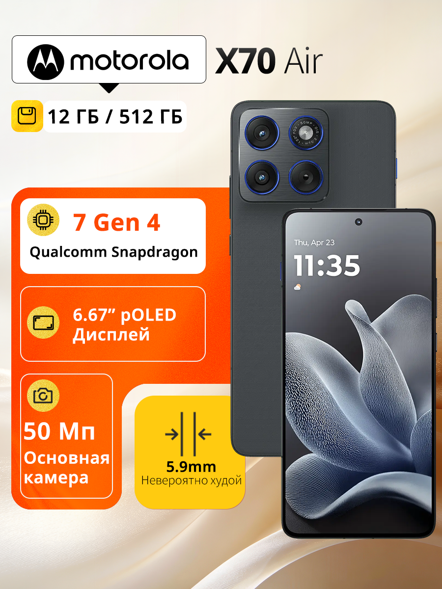 Смартфон Motorola X70 Air Snapdragon 7 Gen 4 NFC 120 Гц OLED тонкость 6 мм IP68/IP69 12/512 ГБ, серый