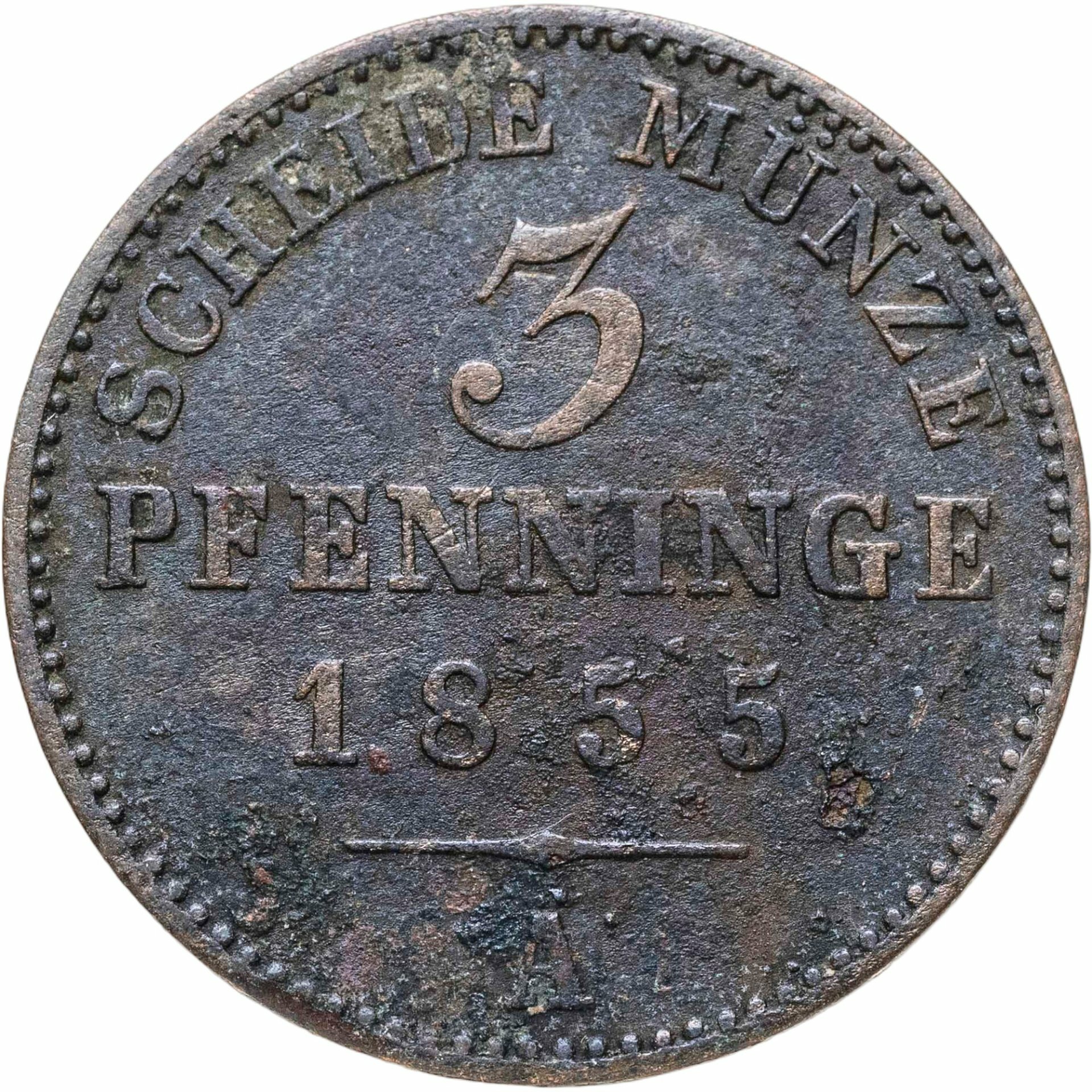 Германия, Пруссия 3 пфеннинга 1855 А, Медь, в сохранности VF