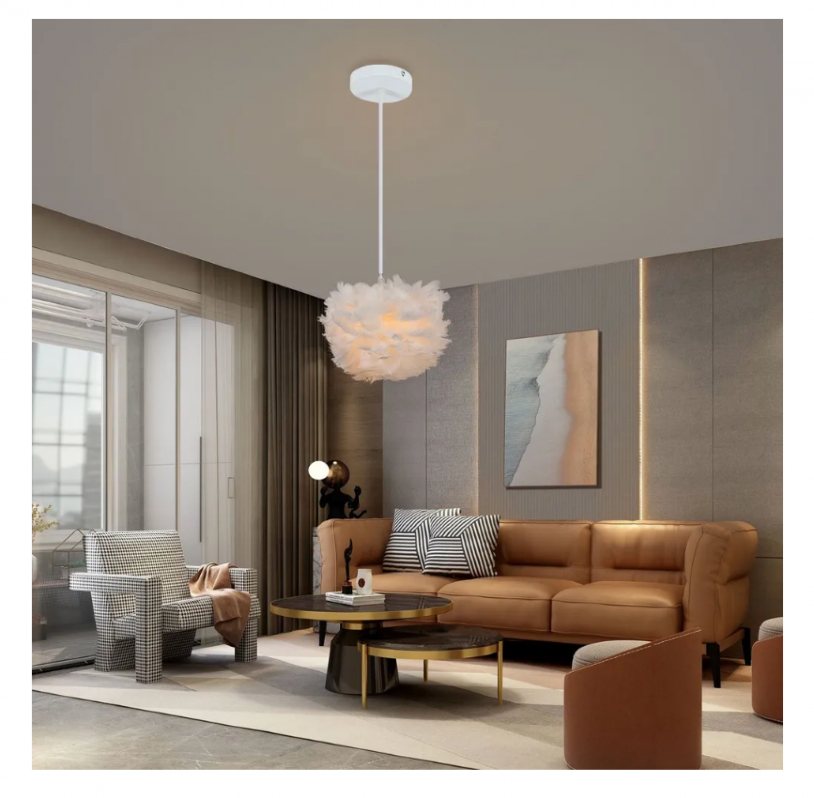 Люстра потолочная подвесная MyPads с белыми натуральными перьями в современном минимализме