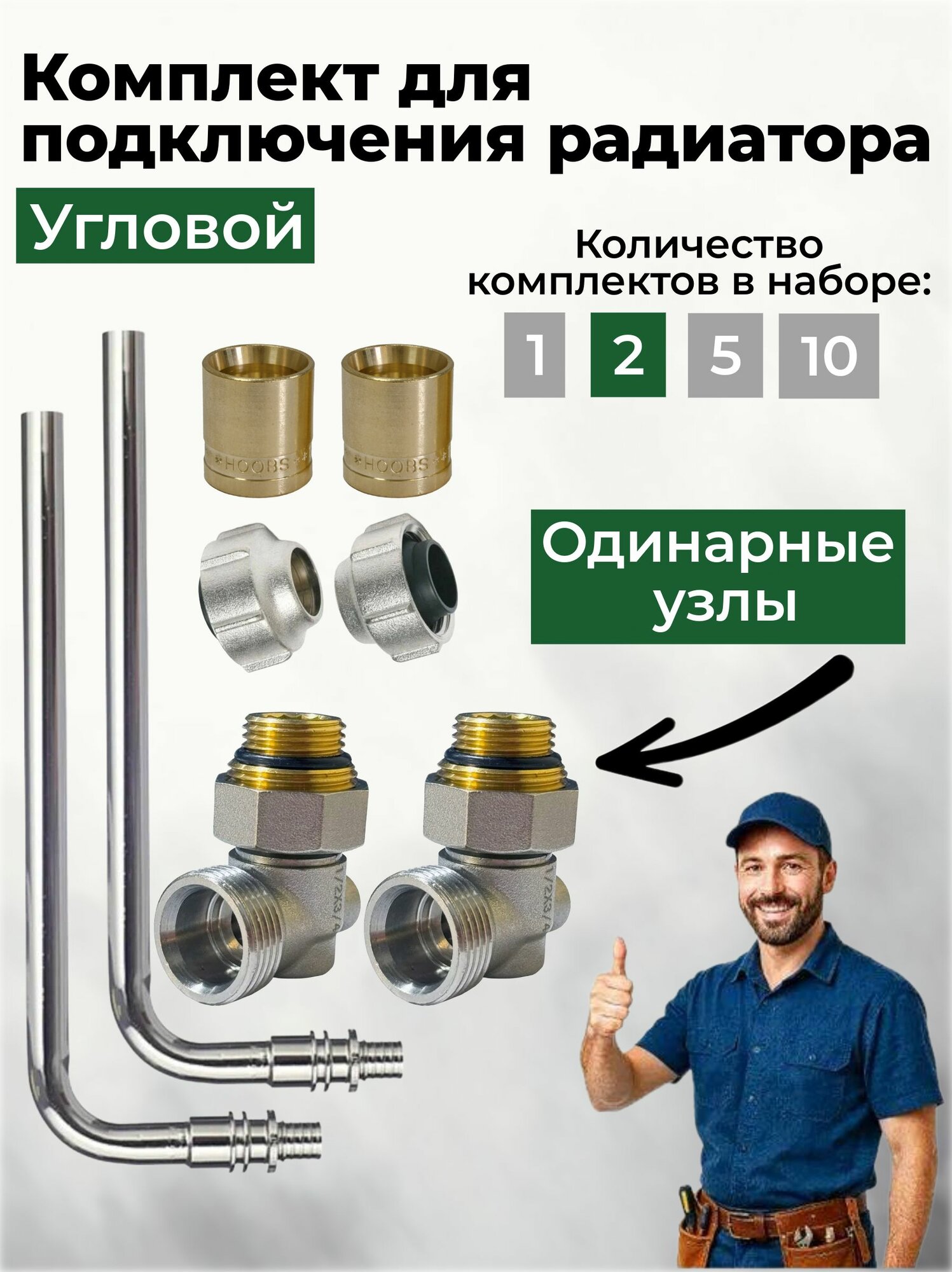 Трубка для подключения радиатора Г-образная 16/250 мм, Узел нижнего подключения радиатора, раздельный, угловой, 3/4"х1/2", евроконусами G3/4"- 15*1, гильзами 16 мм. 2 набора