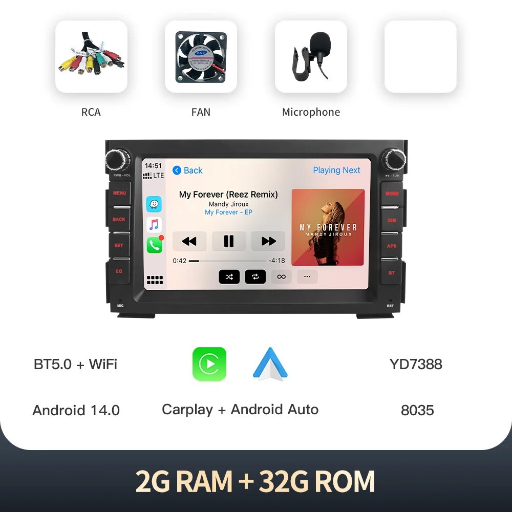 Автомагнитола Android 14.0, 7", 2/32GB, CarPlay, Auto, BT5.0, WIFI, Цвет: 3326