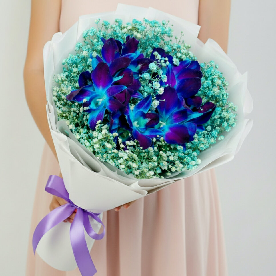 Дуо-букет Мегацвет24 "Гипсофила и Орхидея", мини, голубой/синий, дизайнерская упаковка