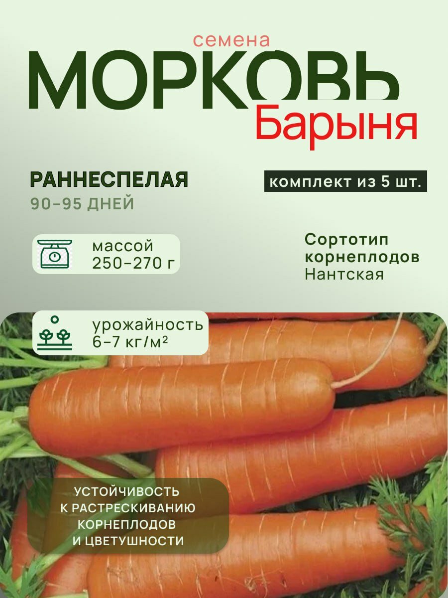 Семена моркови Агрофирма Аэлита "Барыня", раннеспелые, однолетние, 10 г, 5 упаковок