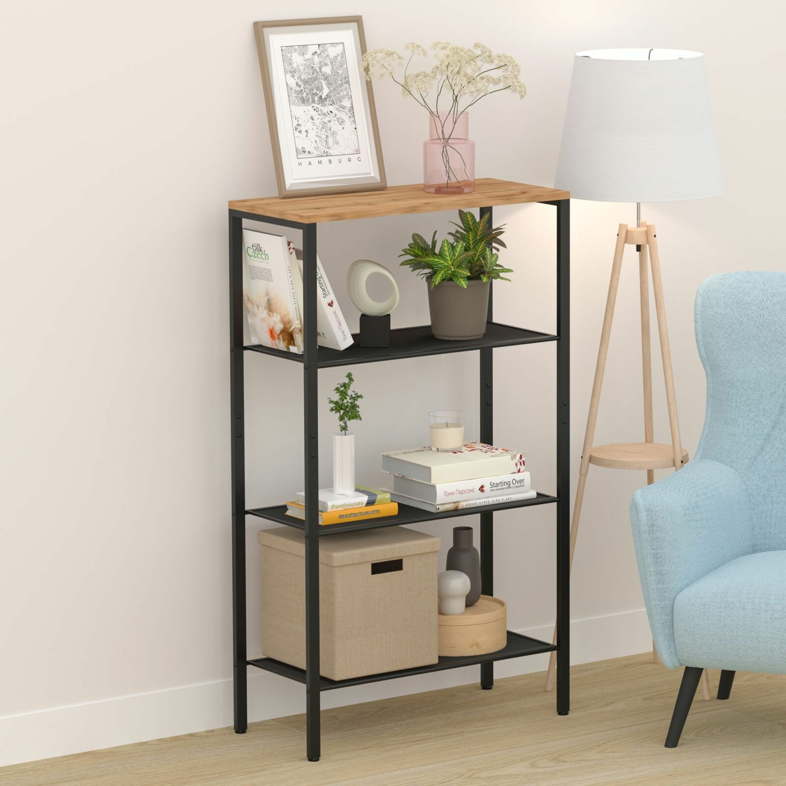 Стеллаж ЗМИ Металлический каркас, 4 полки, размер 0,67х0,3х1,14 м, цвет дерево и черный (СТТ25 Ч)