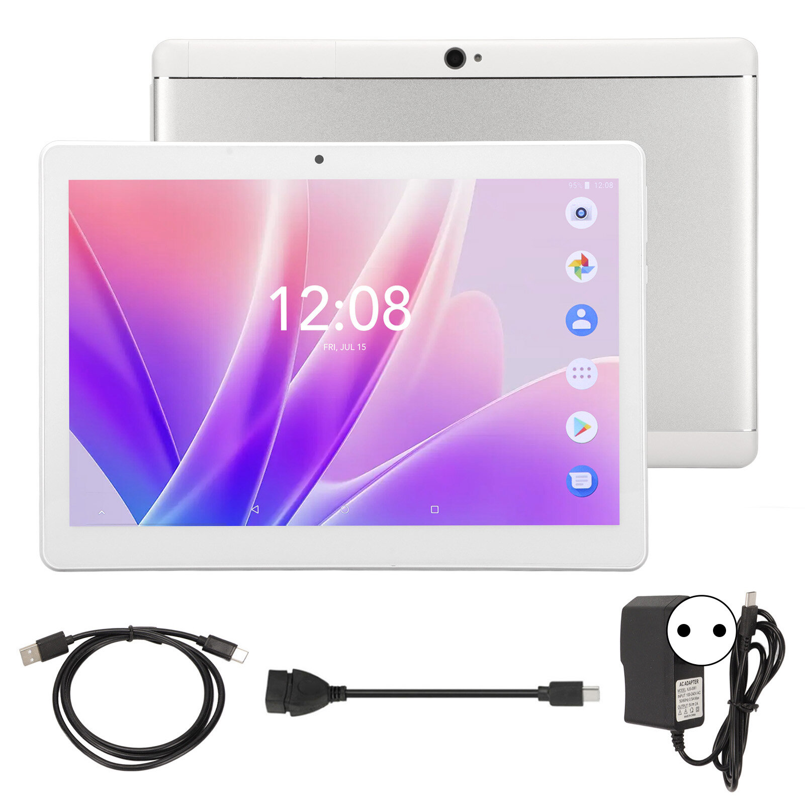 Планшет 10,1 дюйма 2 ГБ ОЗУ 32 ГБ ПЗУ Dual SIM HD для развлечений и работы, 100240В, серебристый, ев