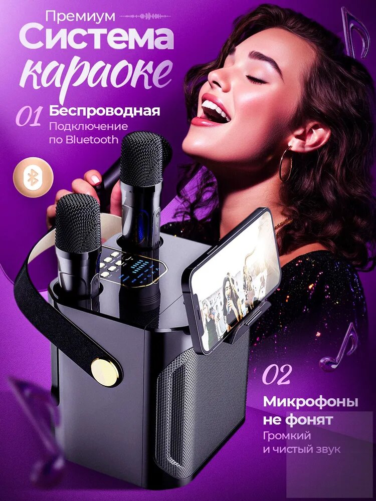 Караоке-система портативная с беспроводными микрофонами, подключение по Bluetooth